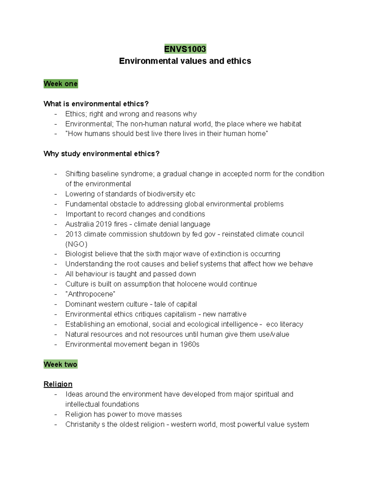 ENVS1003 - Lecture notes 1-11 - ENVS Environmental values and ethics ...