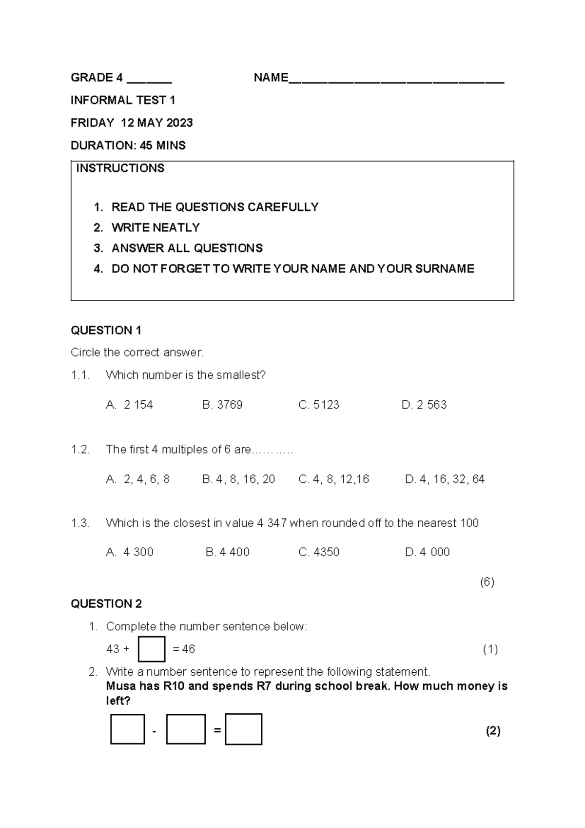 Grade 4 Informal TEST 1 - Summary Mathematics - GRADE 4 _______ - Studocu