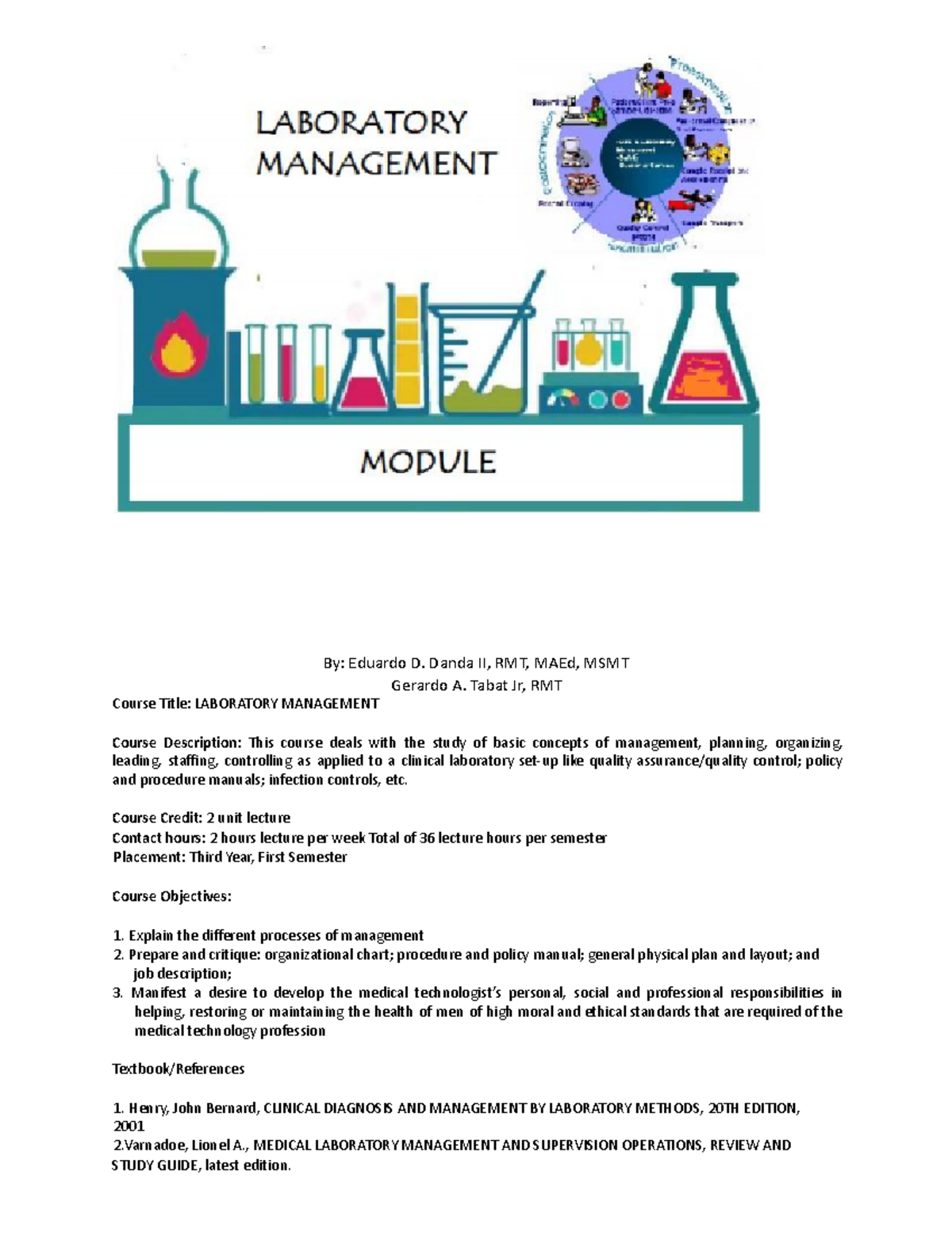 LM module 1 to 6 - By: Eduardo D. Danda II, RMT, MAEd, MSMT Gerardo A ...