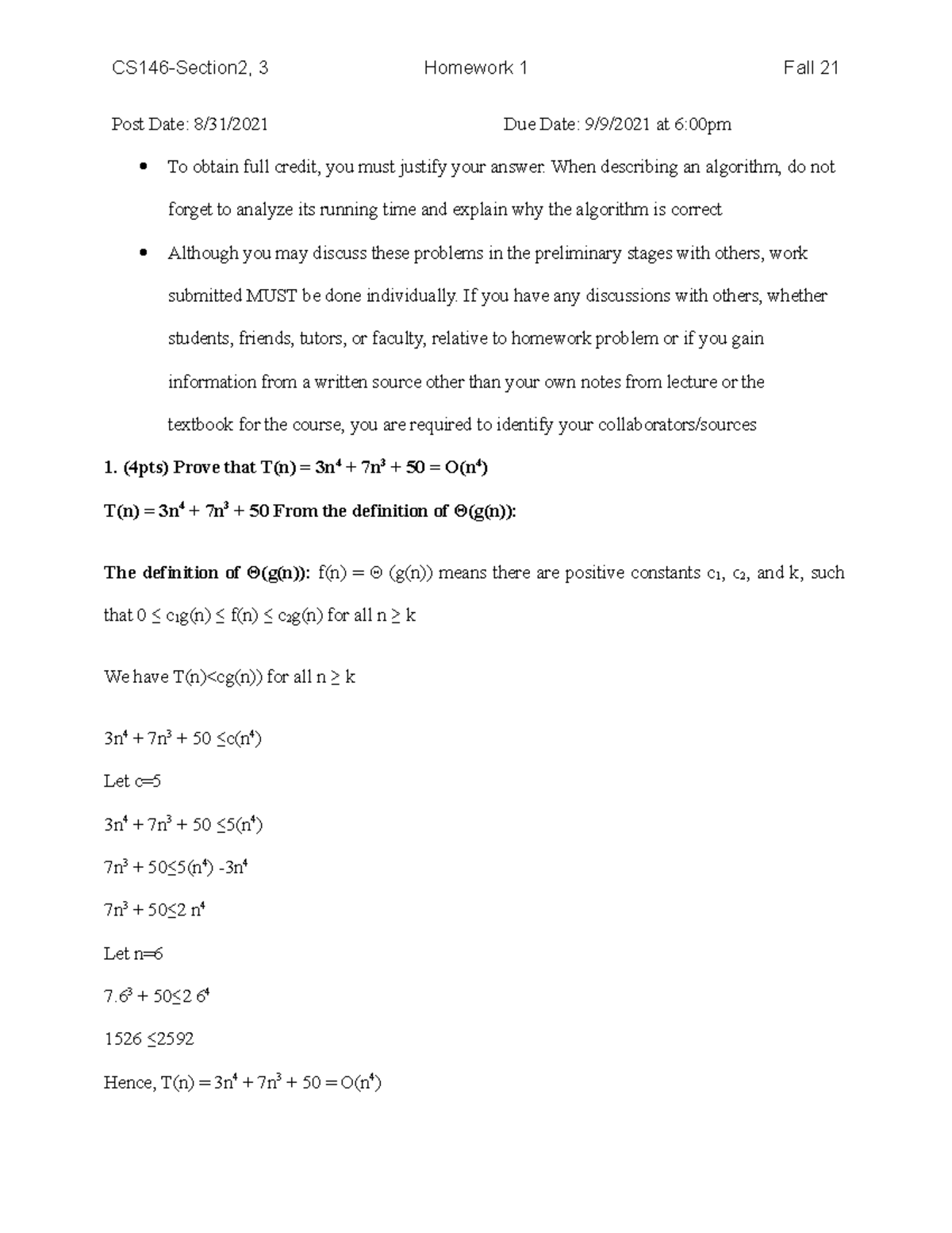 Hw1 2021fall-converted - Post Date: 8/31/2021 Due Date: 9/9/2021 at 6:00pm To obtain full credit ...
