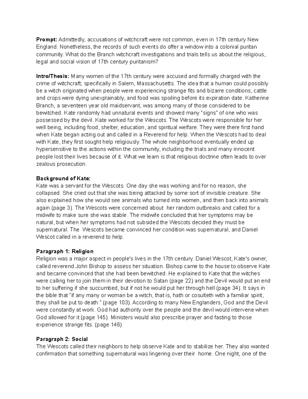 Hist 103 - Esacaping Salem Essay Outline - Prompt: Admittedly ...