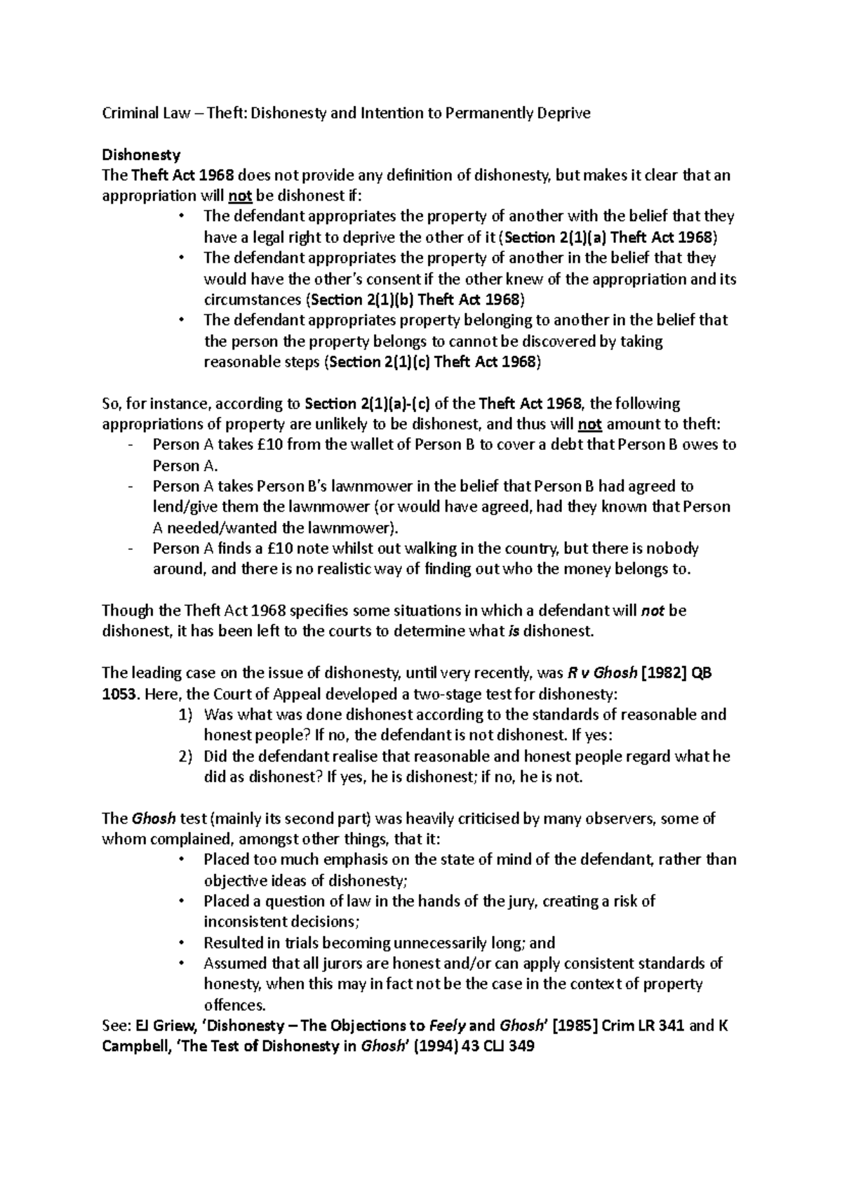 Criminal Law - Dishonesty and Intention to Permantley Deprive ...