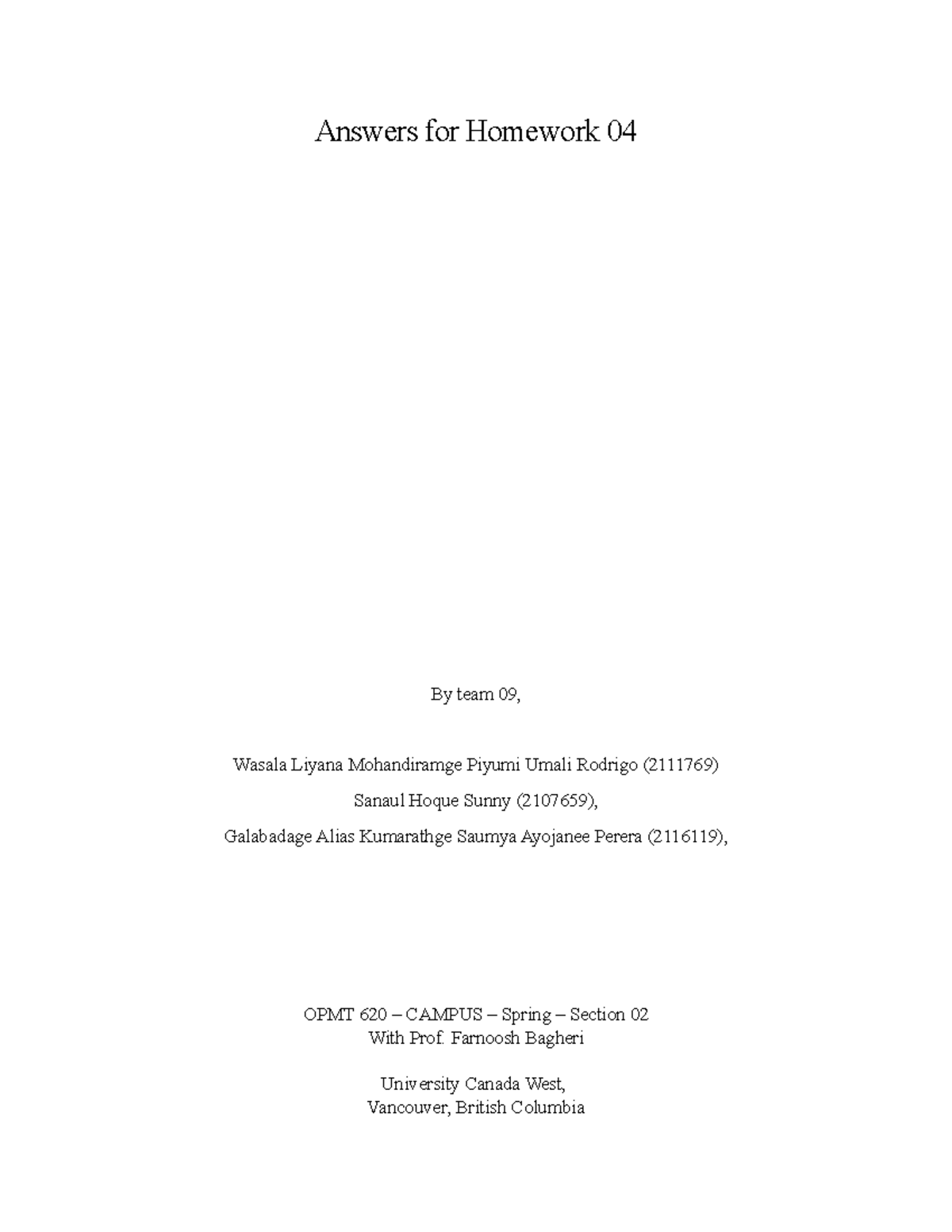 Answers for Homework 4 - Farnoosh Bagheri University Canada West ...