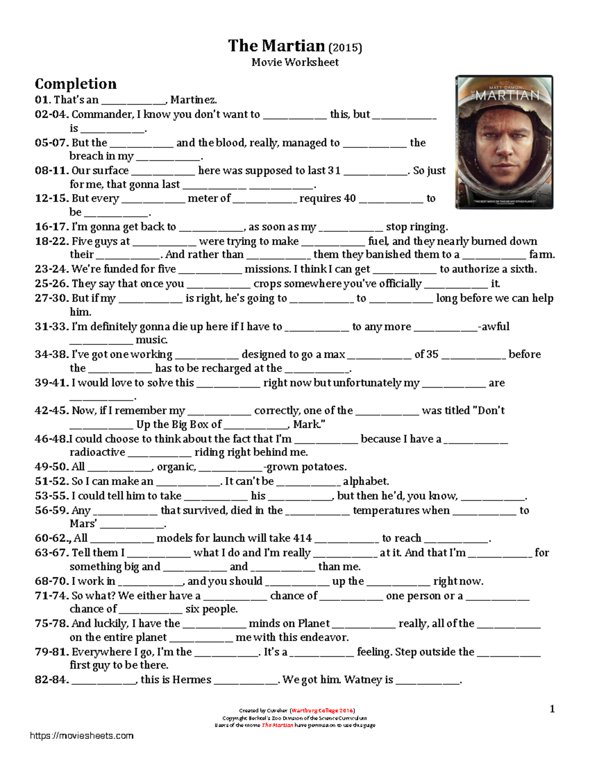 The Martian Movie Sheet With KEY Movie Worksheet Created By Cuvelier