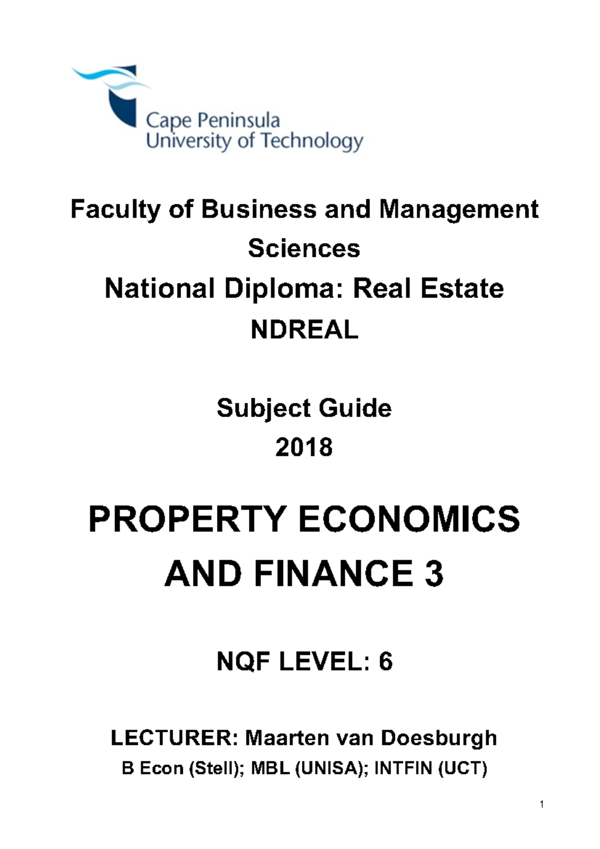 Learner Guide - Property Economics AND Finance 3 DL - Faculty of ...