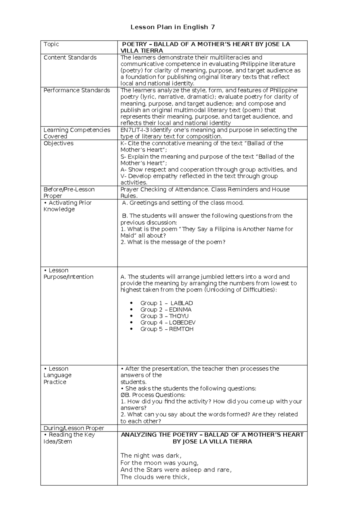 Matatag-LP - Lesson pLan for English 7 Matatag Curriculum Week 5 ...