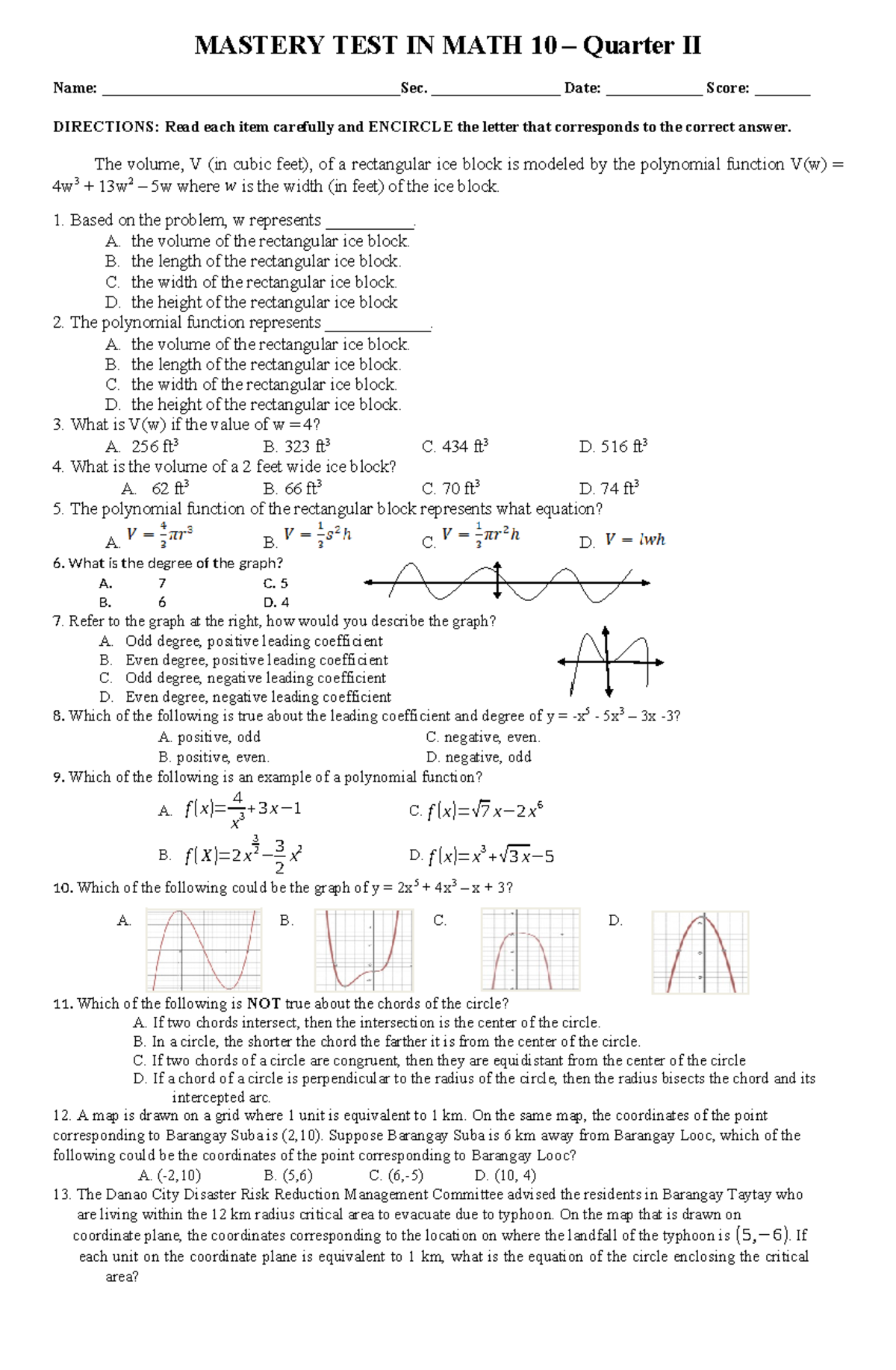 Mastery TEST (QII) - Test questionnaire - MASTERY TEST IN MATH 10 ...