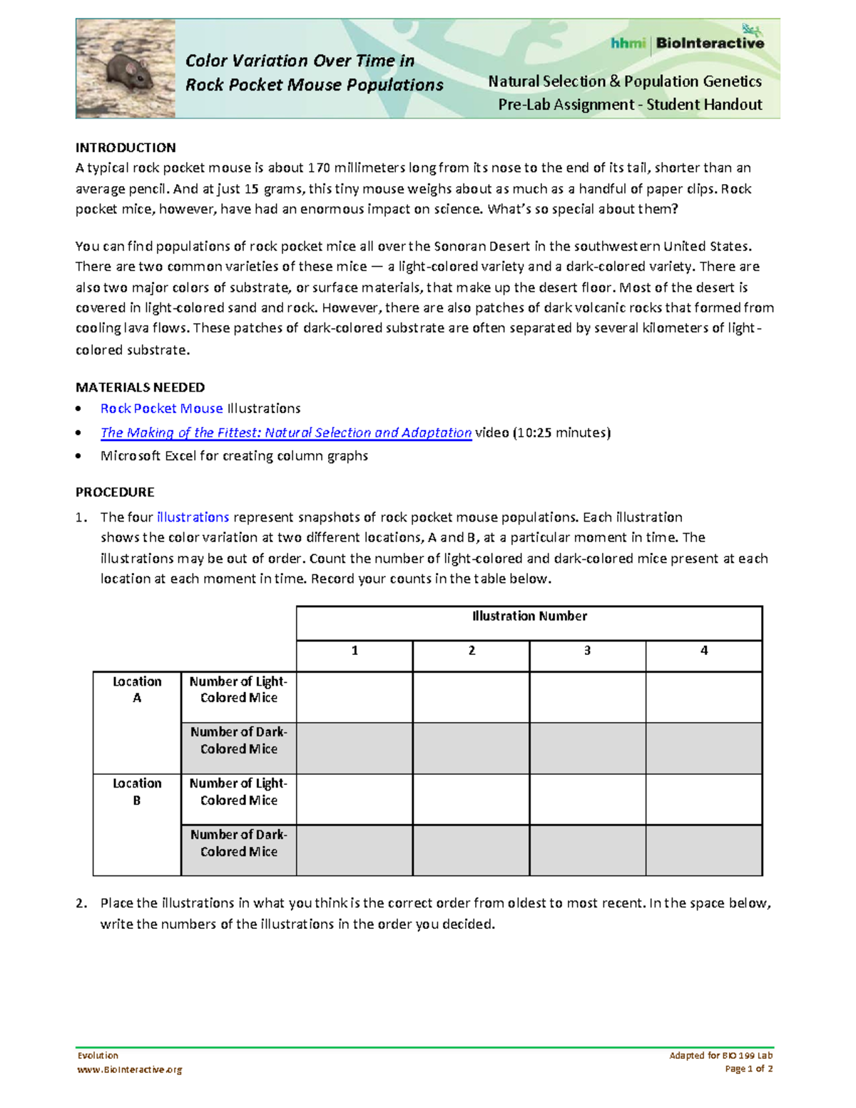 Week2 Prelab Mouse Color Var-Student HO-act - Evolution BioInteractive ...