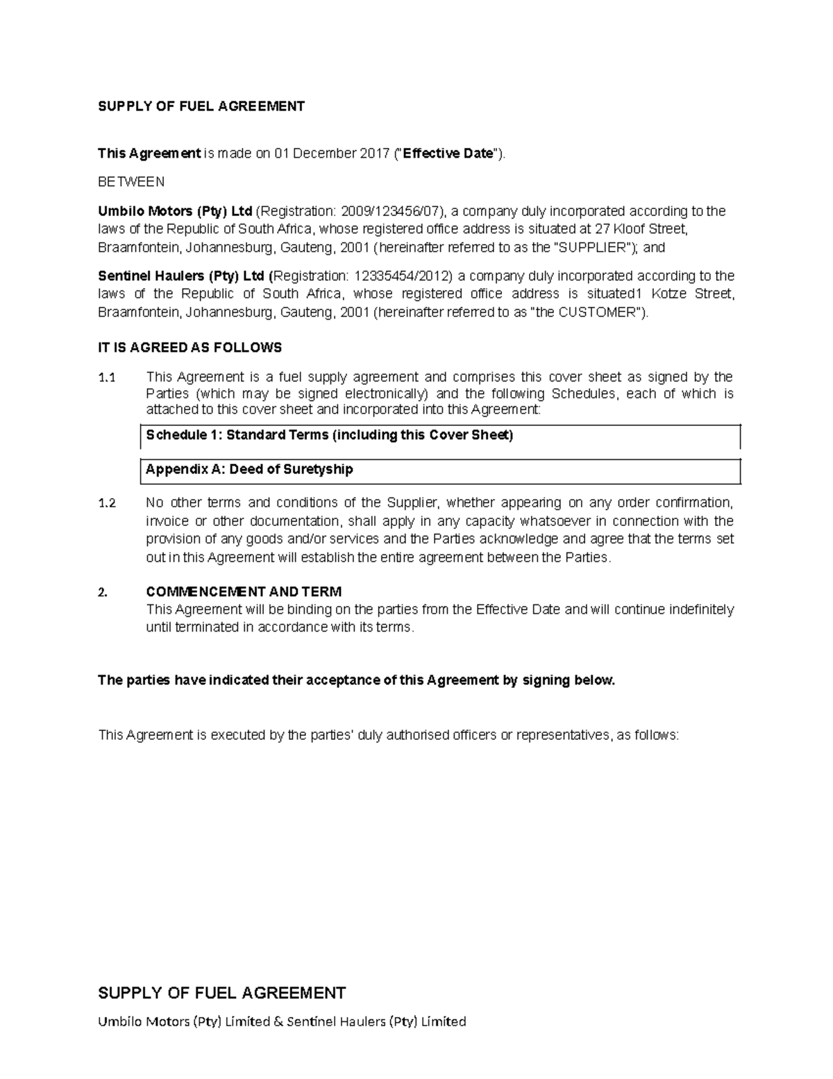 Supply of Fuel Agreement - Sentinel - SUPPLY OF FUEL AGREEMENT This ...