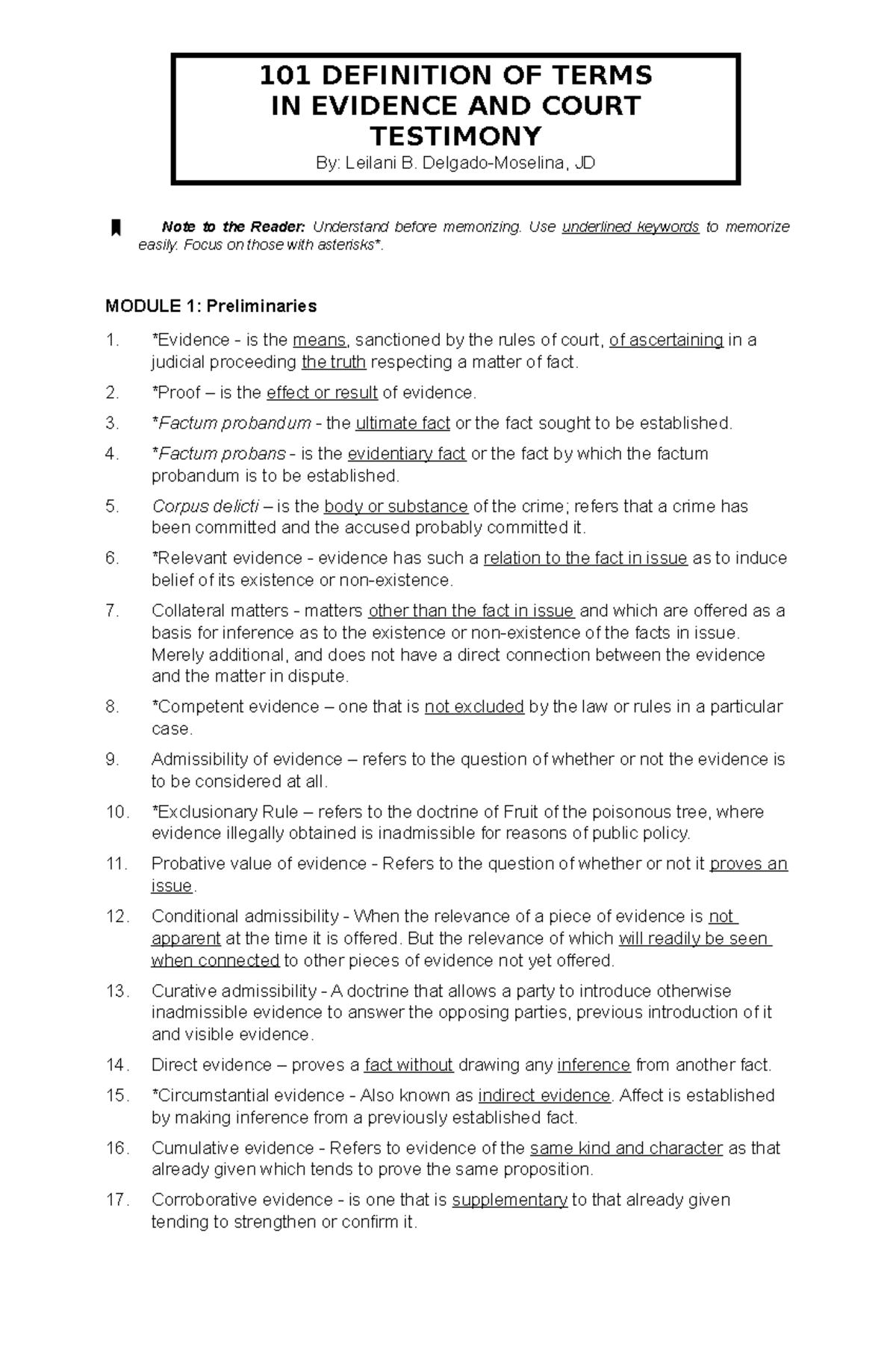 101 Definition of Terms in Evidence 2024 - Note to the Reader ...