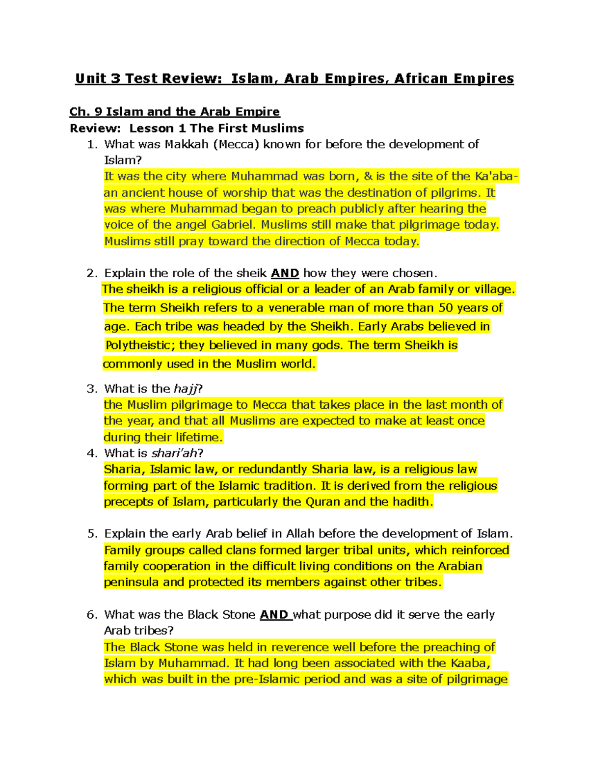Islam, Arab Empires, Medieval Africa - Unit 3 Test Review: Islam, Arab ...