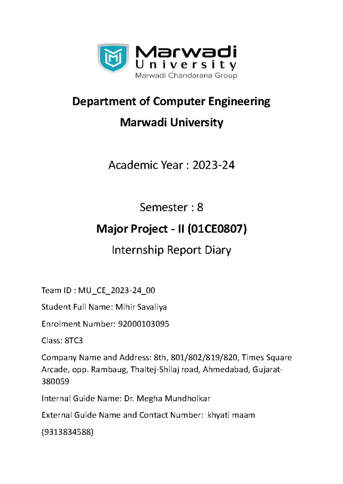Report Diary Sem 8 Internship 50 🍻🍻🍻 - Department of Computer ...