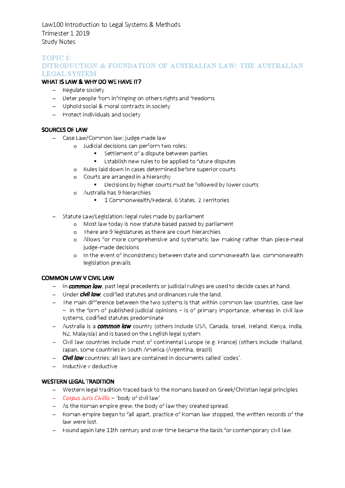 Law100 Introduction to Legal Systems Complete Study Notes - Trimester 1 ...