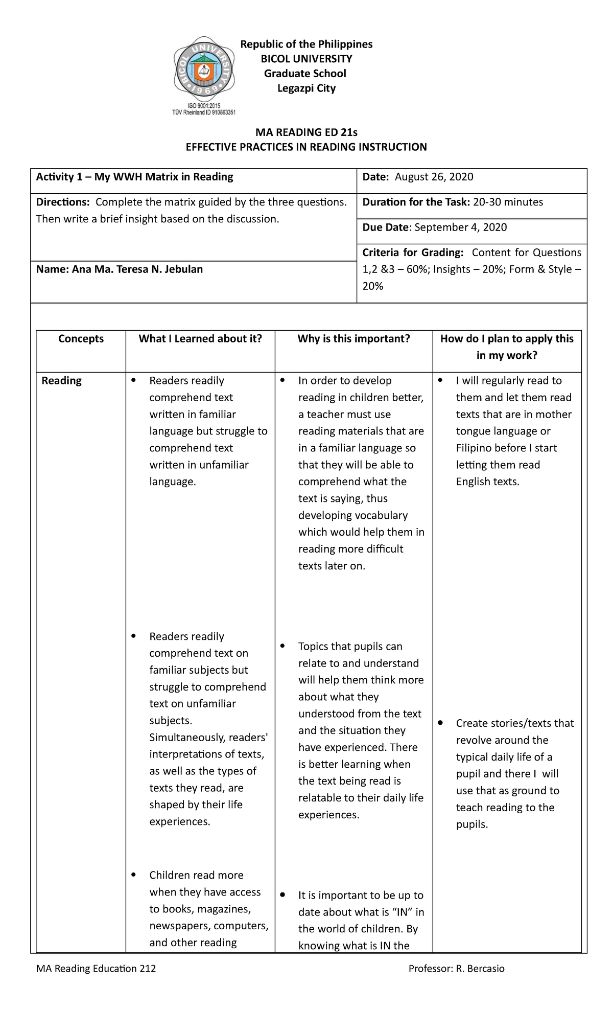 Jebulan, ANA MA Teresa N. - Activity 1 - Reading Ed 212 - Republic of the Philippines BICOL ...