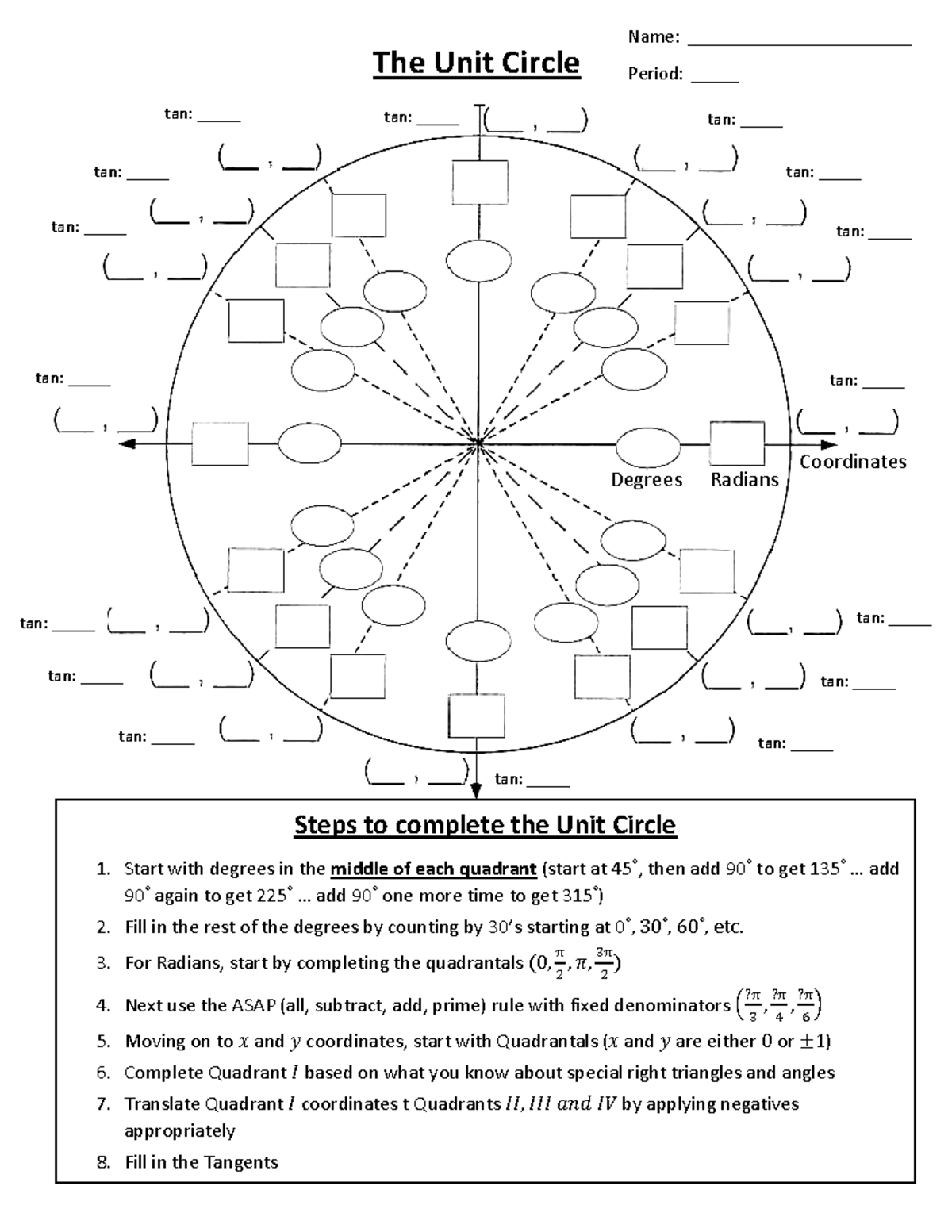 Blank Unit Circle with Instructions - Degrees Radians Coordinates tan ...