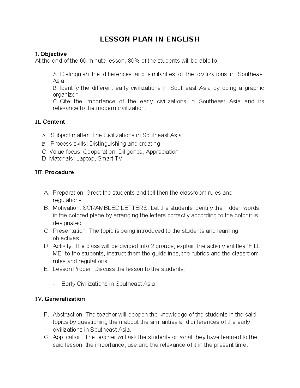 Asian studies, SDLP - lesson plan - LESSON PLAN IN ENGLISH I. Objective ...
