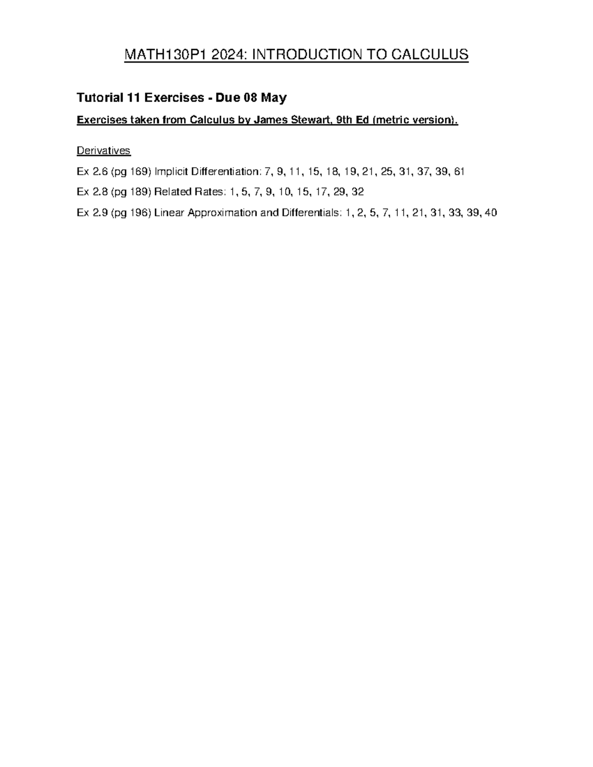 MATH130 P1 2024 Tutorial 11 with exercises and answers - MATH130P1 2024 ...