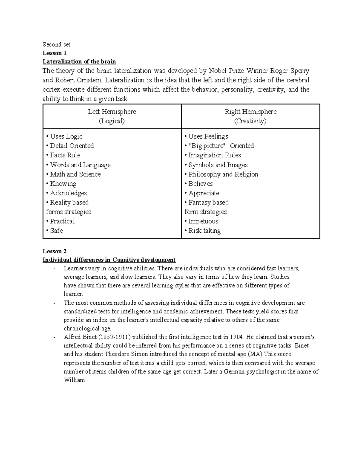Chad lectures set no. 2 - Second set Lesson 1 Lateralization of the ...