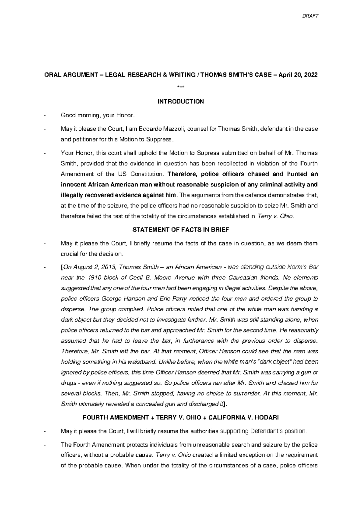 Oral argument sample assignment of the class final exam - DRAFT ORAL ...