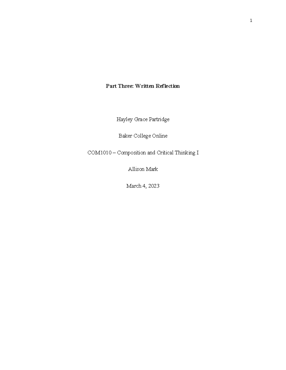 Literacy Autobiography Reflection - 1 Part Three: Written Reflection ...