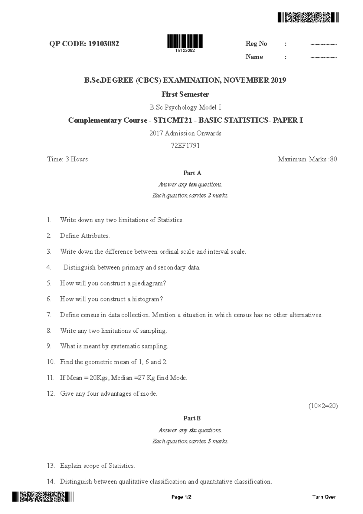 Bsc 1 sem psychology basic statistics 19103082 nov 2019 - QP CODE ...