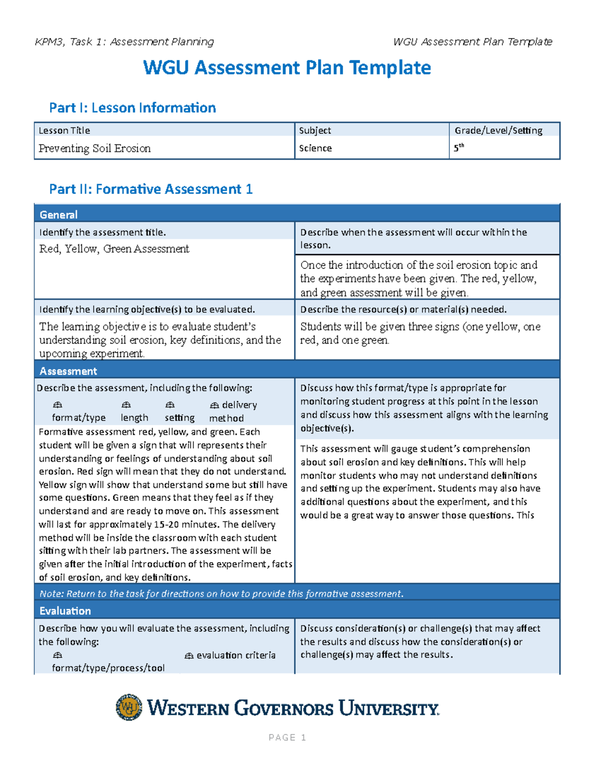 Task 1 - WGU Assessment Plan Template Part I: Lesson Information Lesson ...