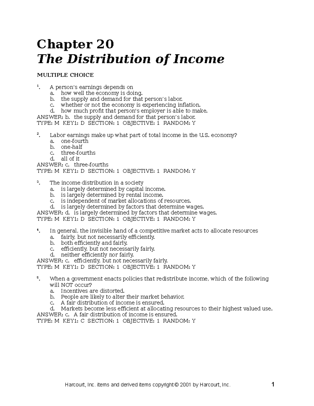 Chap20 - test bank for chap 20 - Chapter 20 The Distribution of Income ...