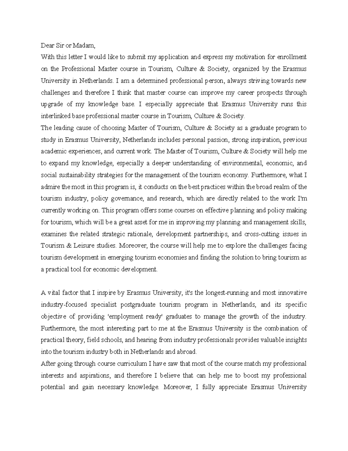 Motivation Letter Tourism , Society & Culture - Dear Sir or Madam, With ...