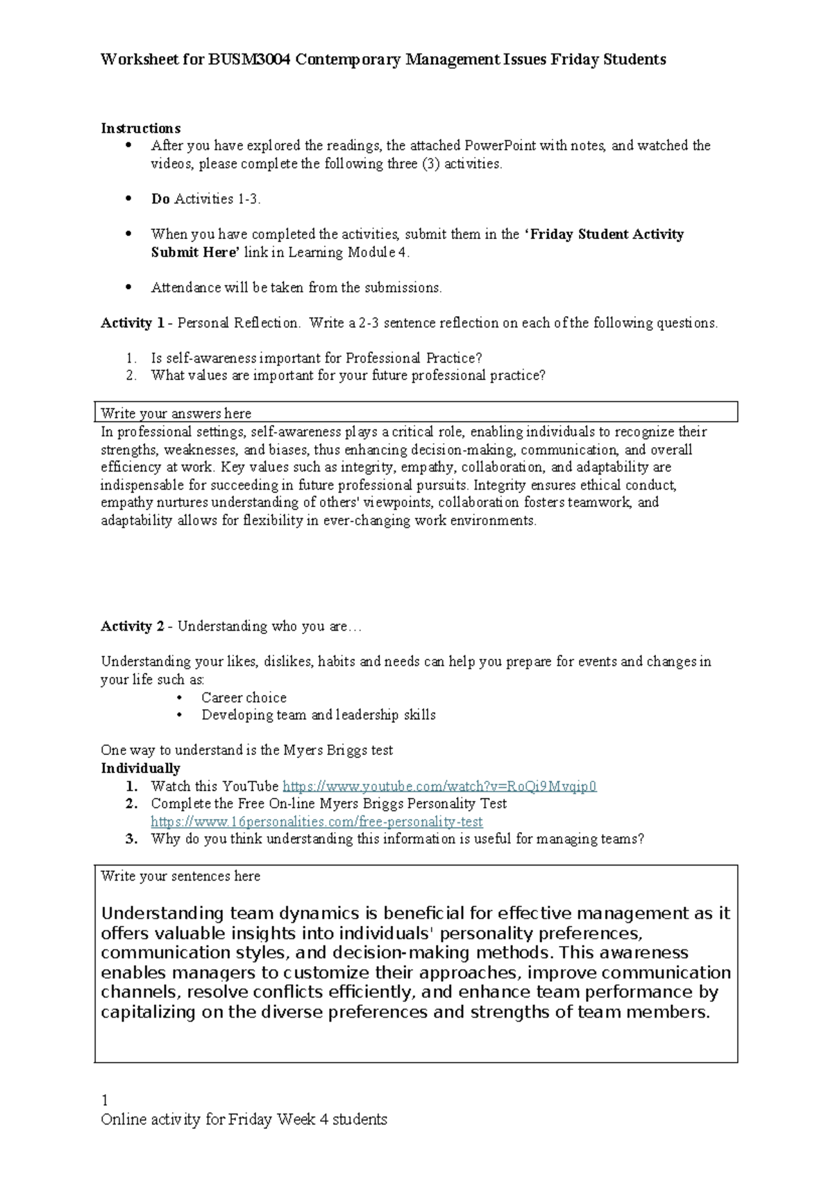 Activity week 4 - Worksheet for BUSM3004 Contemporary Management Issues ...