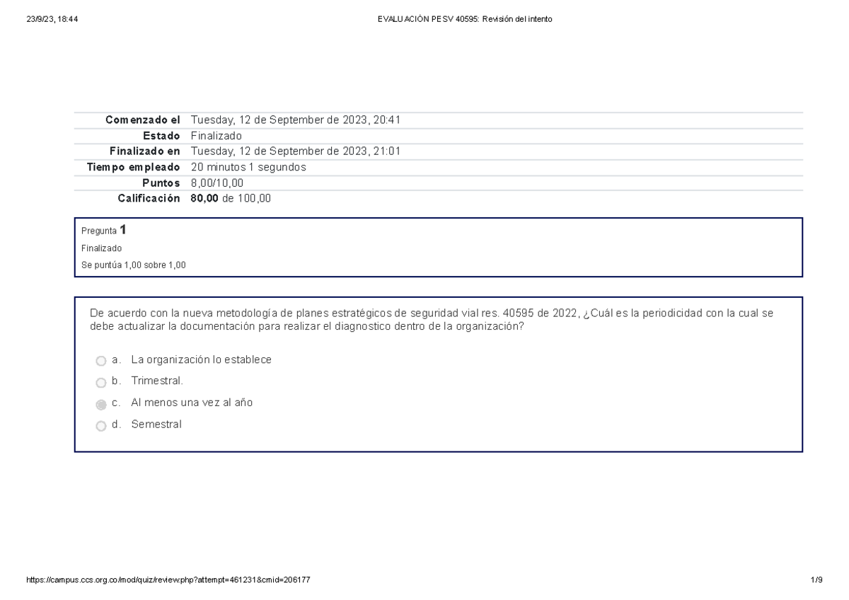 Evaluación PESV 40595 Revisión del intento - Comenzado el Tuesday, 12 ...