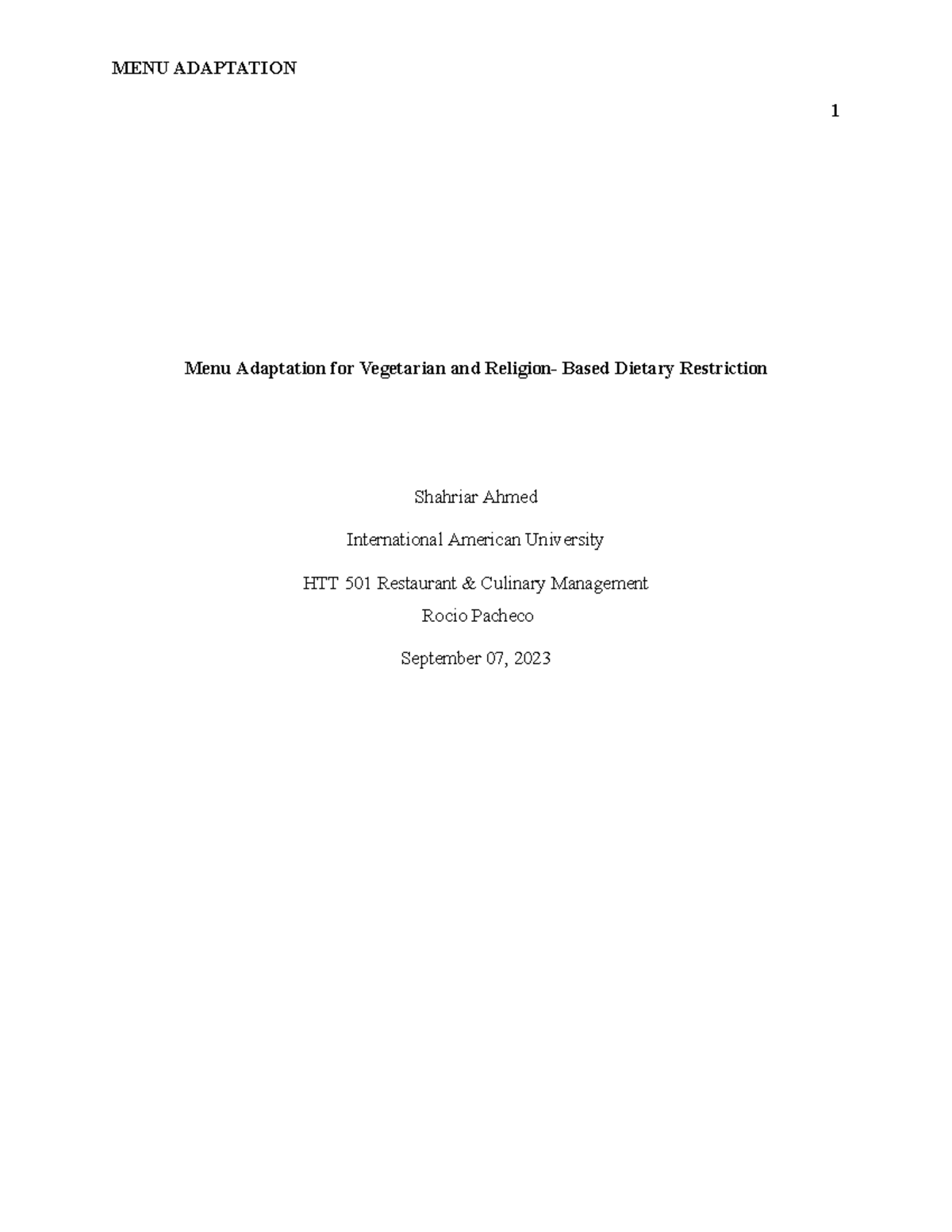 Menu Adaptation for Vegetarian and Religion- Based Dietary Restriction ...