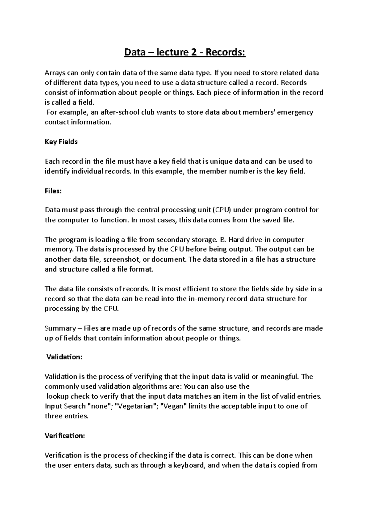 Data – lecture 2 - Records - Data – lecture 2 - Records: Arrays can only contain data of the ...