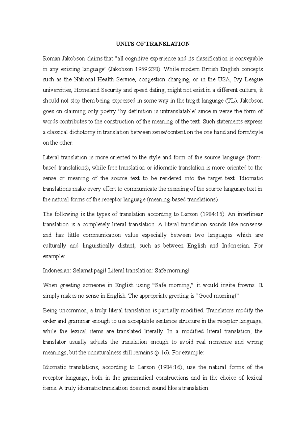 Units OF Translation - UNITS OF TRANSLATION Roman Jakobson claims that ...