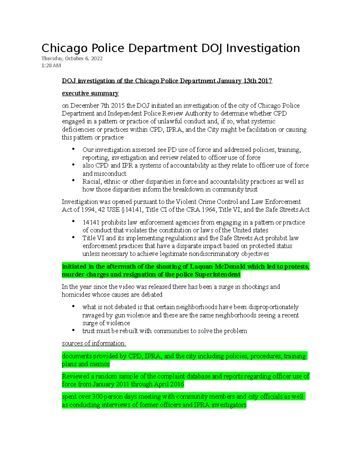 Chicago Police Department DOJ Investigation - Chicago Police Department ...