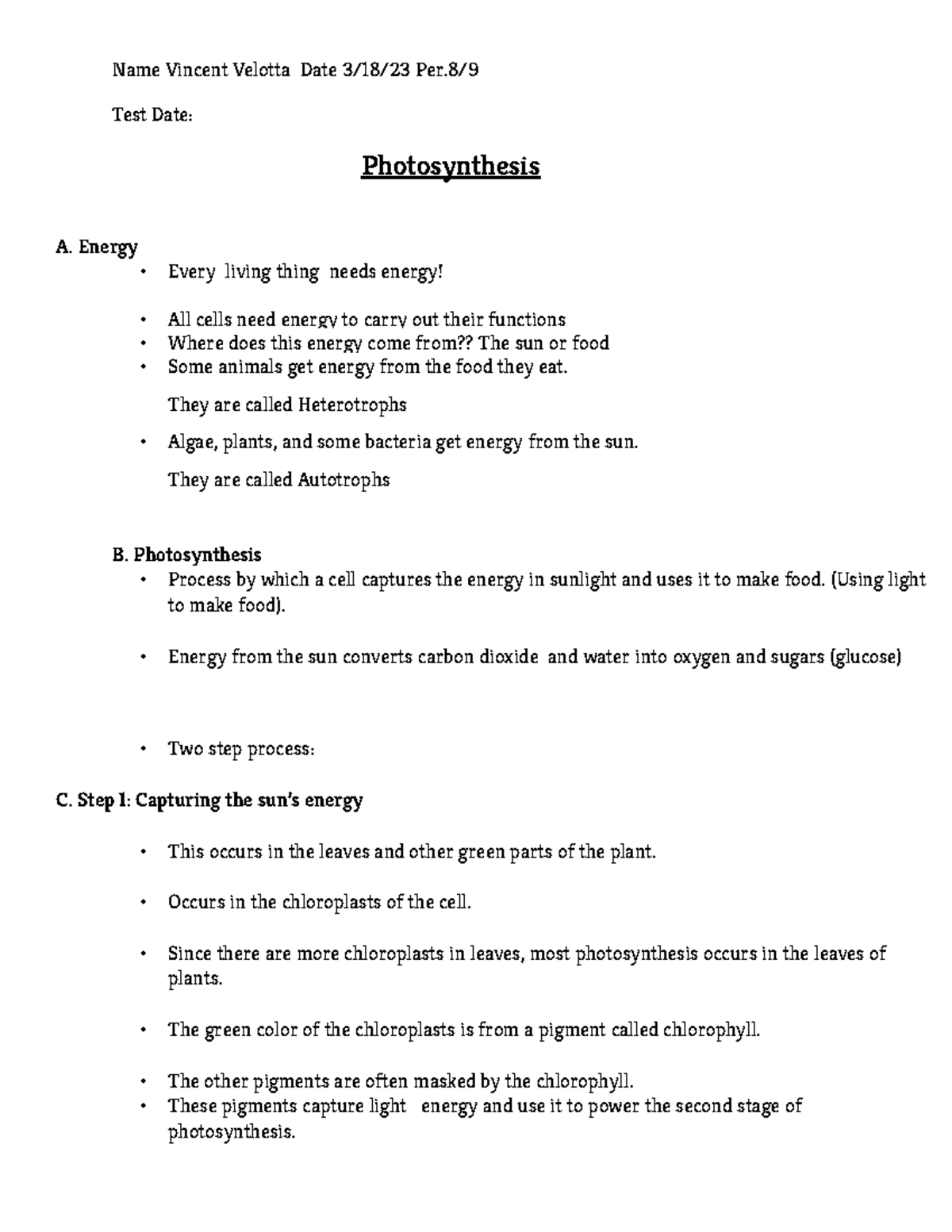 Photosynthesis+fill+in+notes - Name Vincent Velotta Date 3/18/23 Per ...