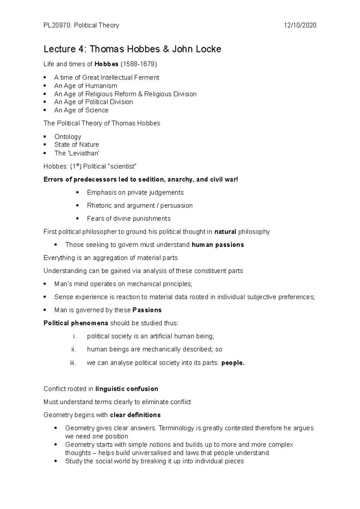 Lecture 4 - Thomas Hobbes & John Locke - PL20970: Political Theory 12 ...