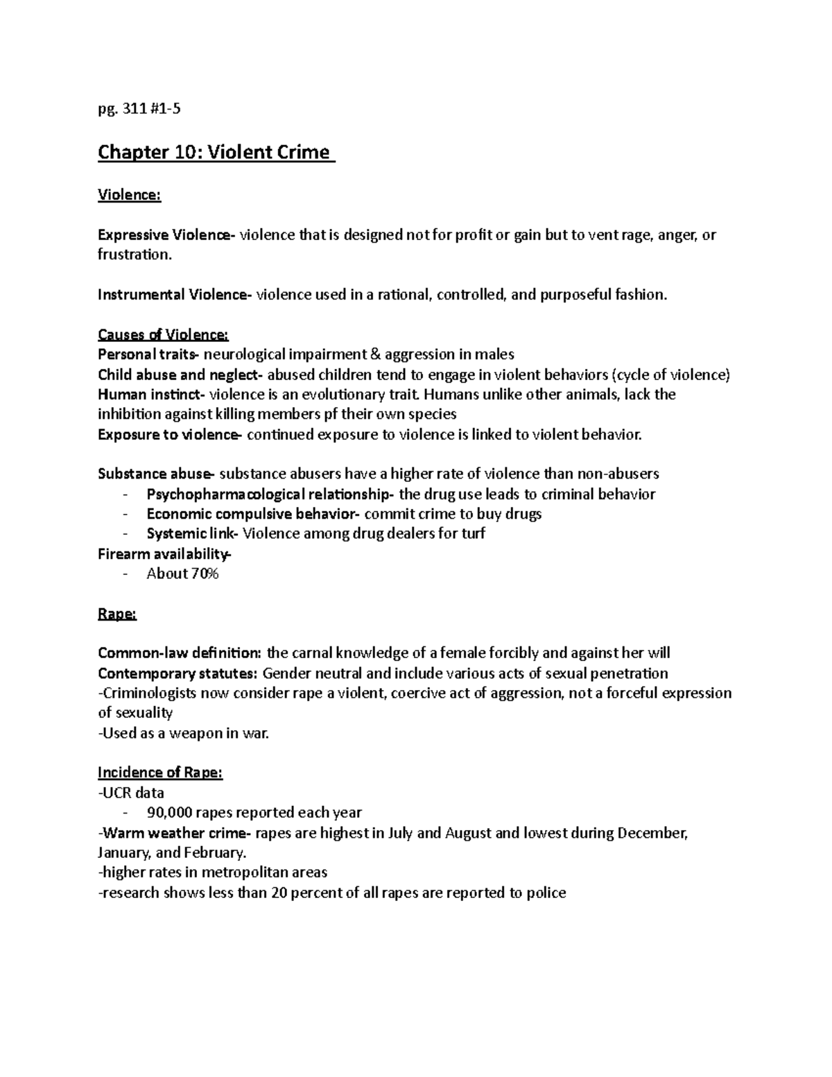 Chapter 10 notes - pg. 311 #1- Chapter 10: Violent Crime Violence ...