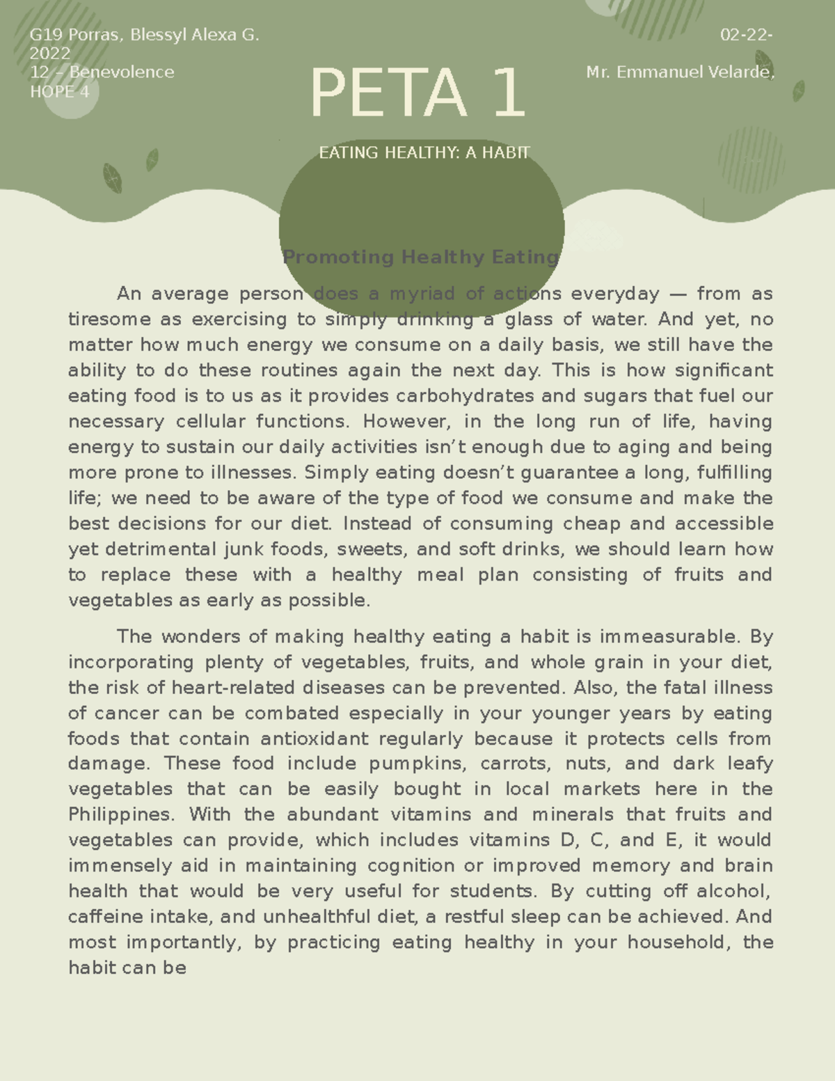 PETA 1 - PETA 1 G19 Porras, Blessyl Alexa G. 0 2-22- 2022 12 ...