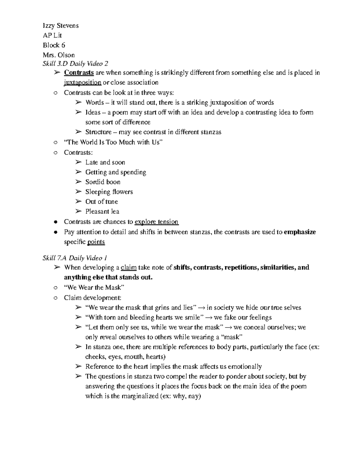 AP Lit Notes on Videos - Izzy Stevens AP Lit Block 6 Mrs. Olson Skill 3 ...