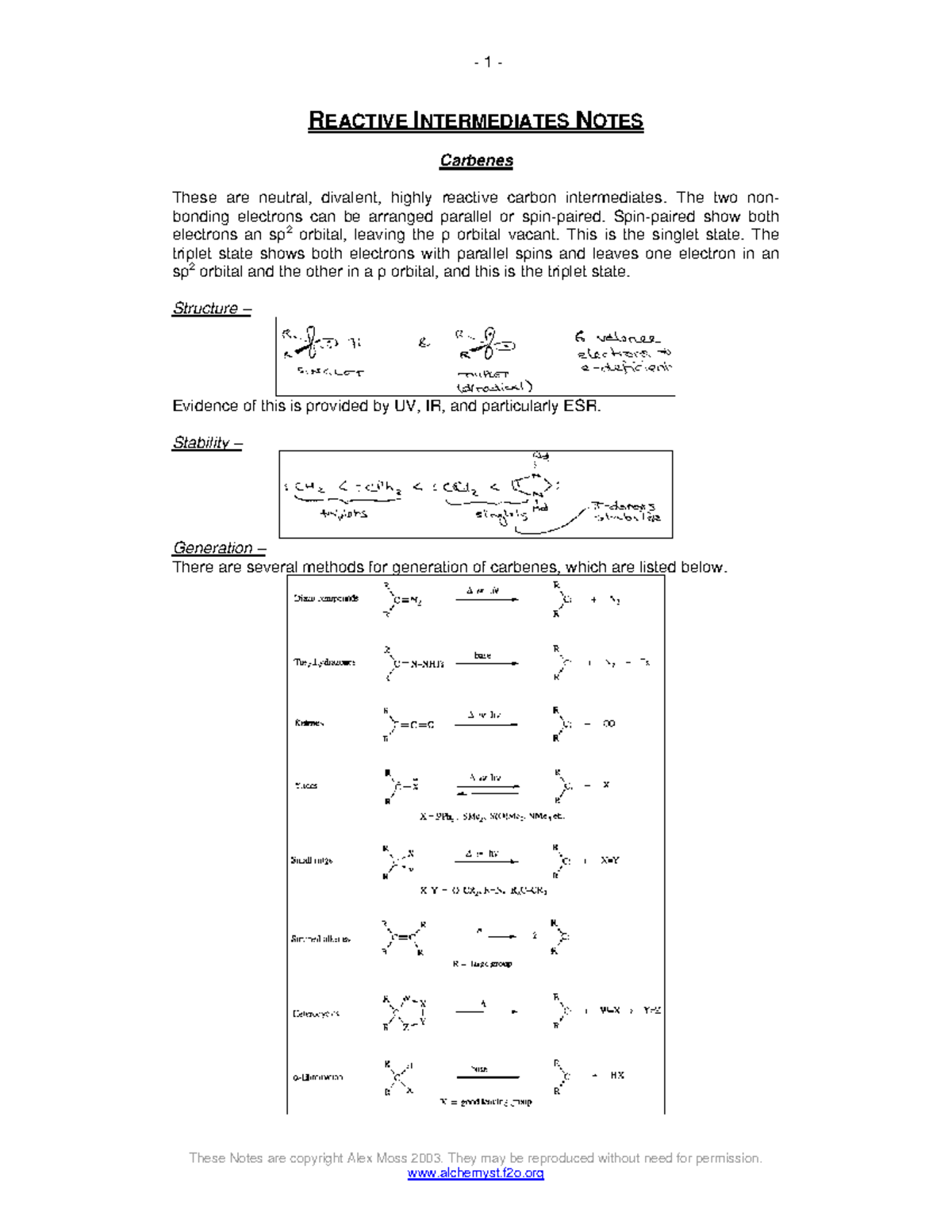 Reactive Intermediates Notes 8p - These Notes are copyright Alex Moss ...