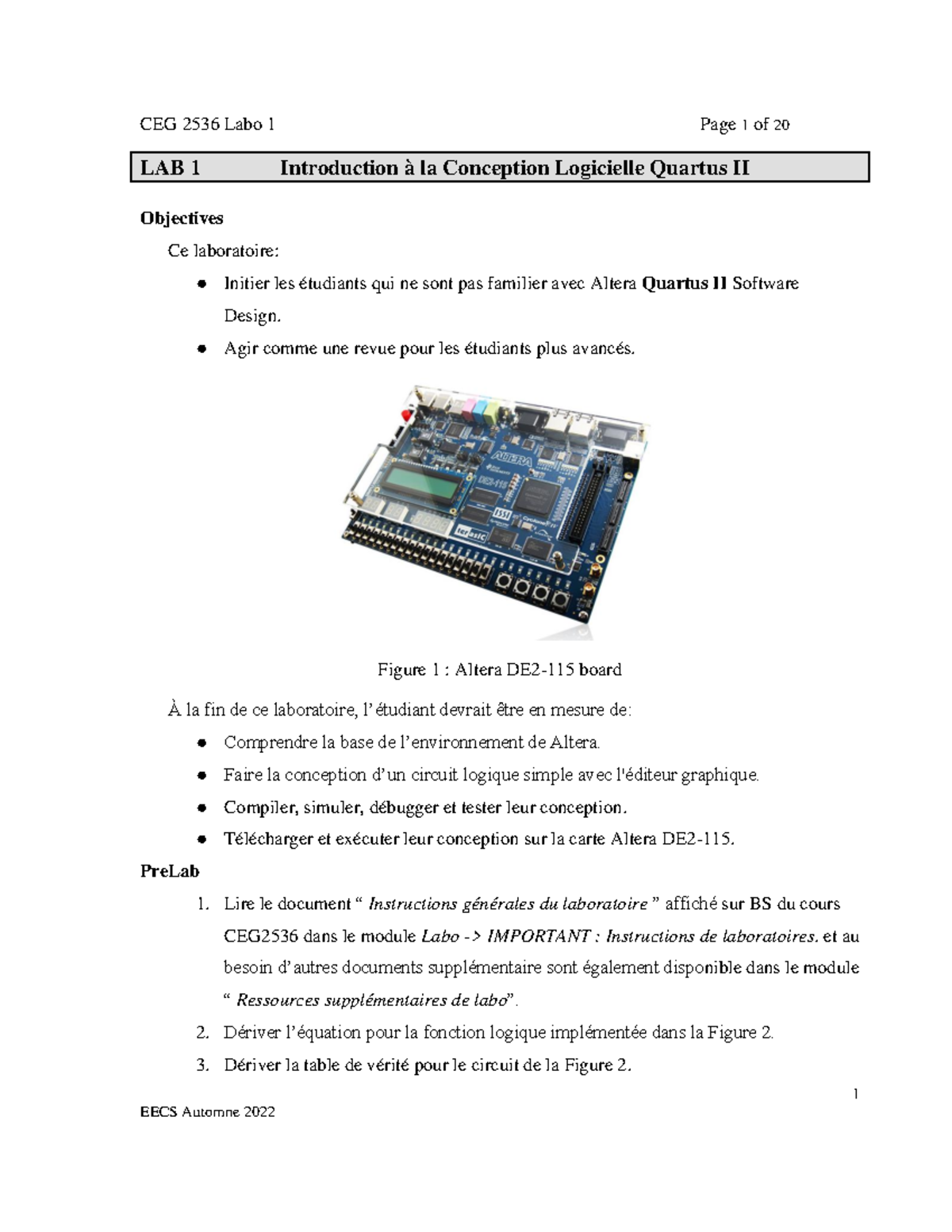CEG2536 Lab1 F22 Instructions V 5 - 1 LAB 1 Introduction à la Conception Logicielle Quartus II ...