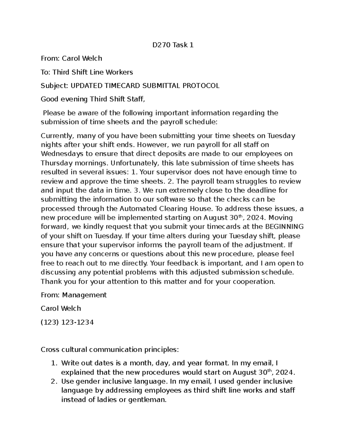 D270 Task 1 - d270 task 1 - D270 Task 1 From: Carol Welch To: Third ...