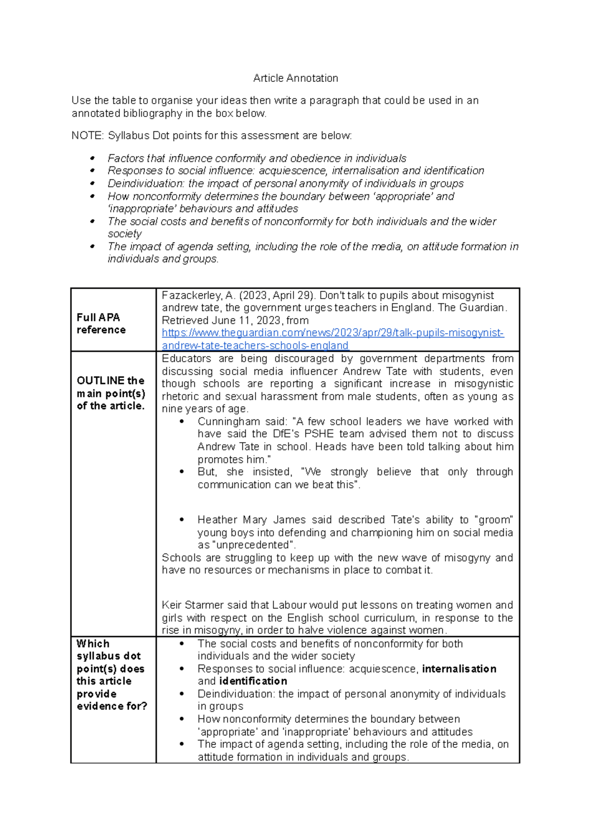 Article Annotation - Article Annotation Use the table to organise your ...