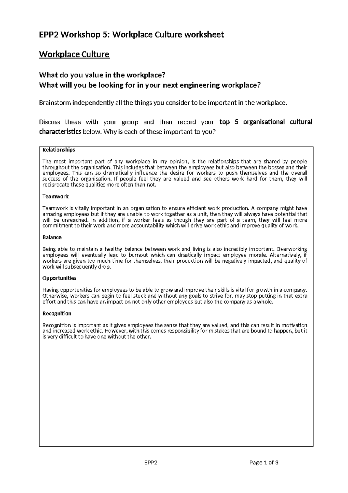 EPP2 Workshop 5 Worksheet - EPP2 Workshop 5: Workplace Culture ...