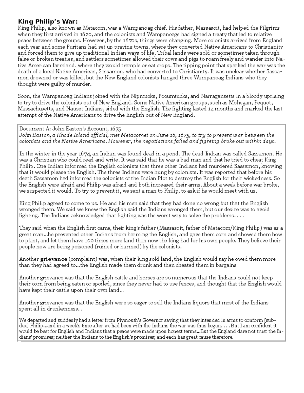 Bacons Rebellion Documents - King Philip’s War: King Philip, also known ...