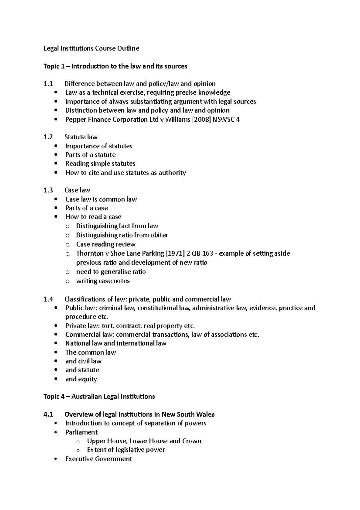 Legal Institutions Course Outline - Private law: tort, contract, real ...