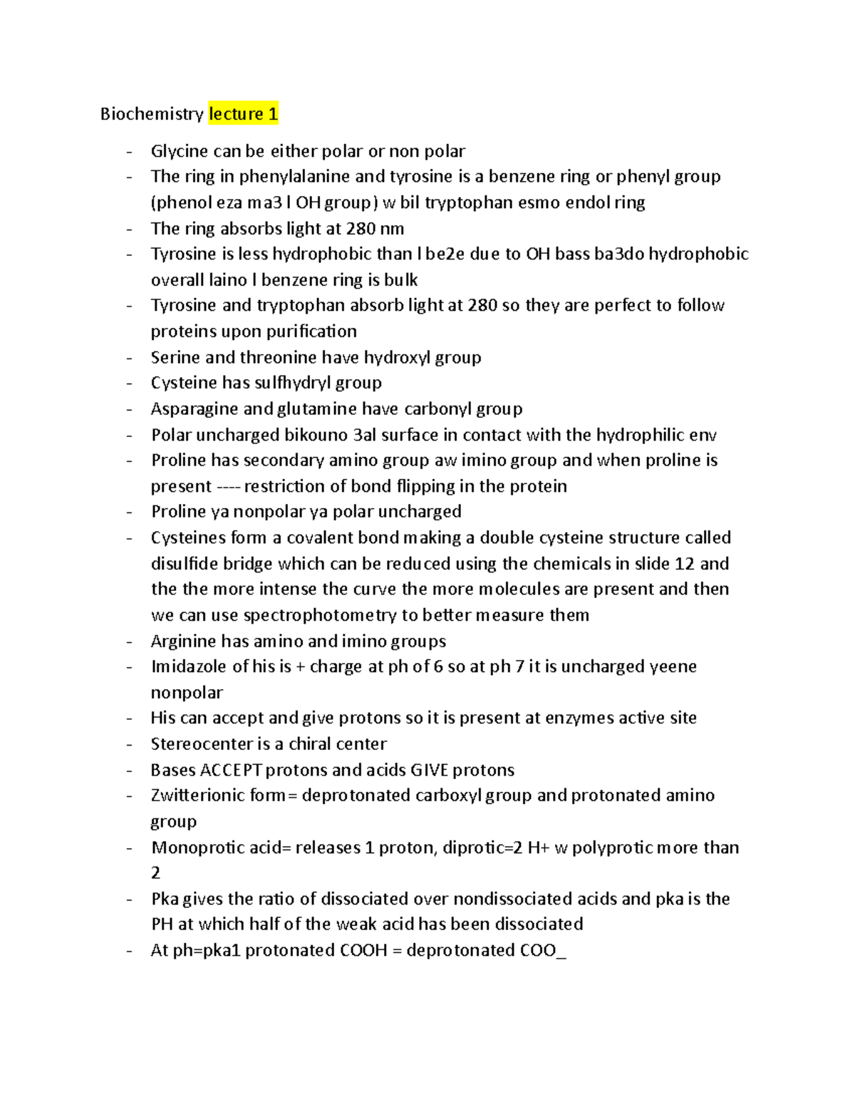 Biochemistry med notes - Biochemistry lecture 1 Glycine can be either ...