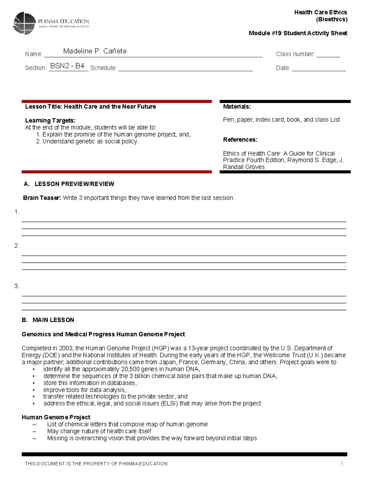 Bioethics Session 19 SAS - (Bioethics) Module #19 Student Activity ...