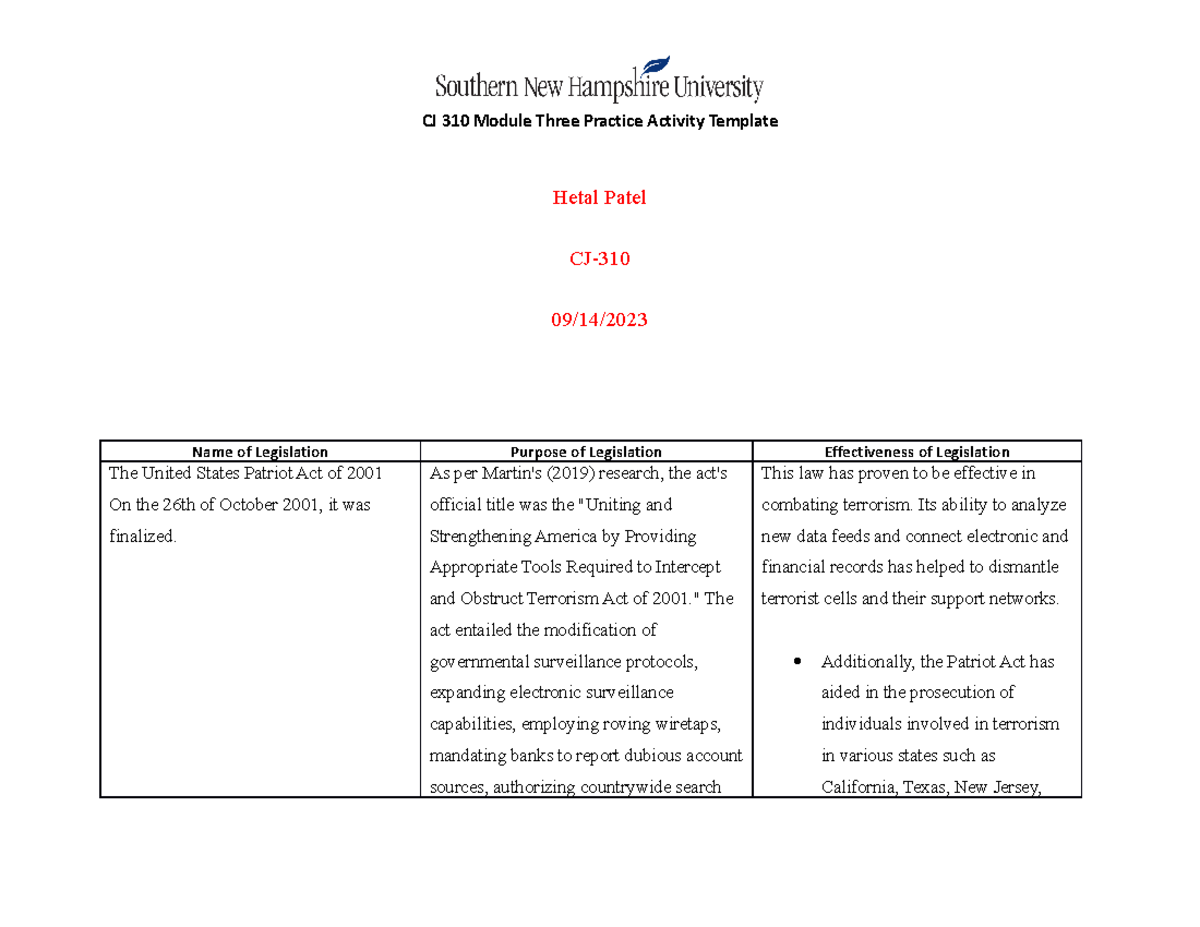 3-2 Practice Activity Post-9-11 Legislation - CJ 310 Module Three ...
