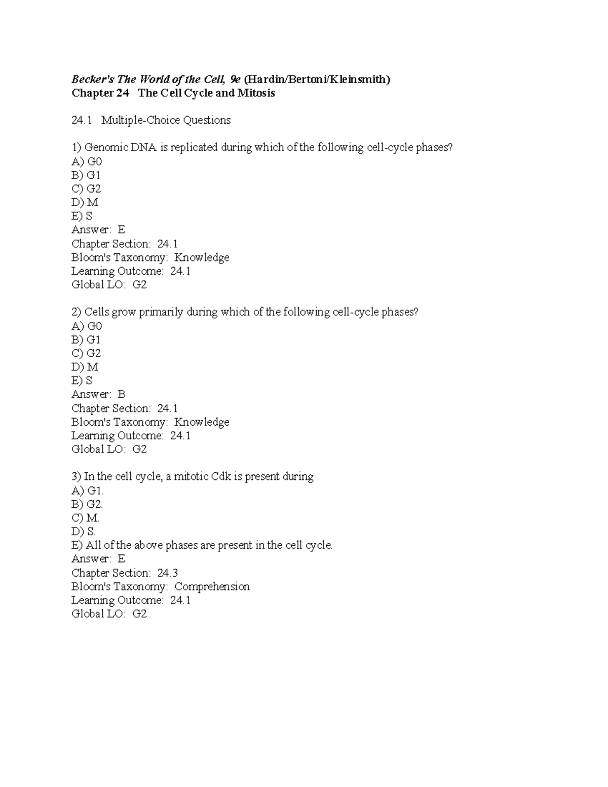 24 Test Bank - Test bank - Becker's The World of the Cell, 9e (Hardin ...